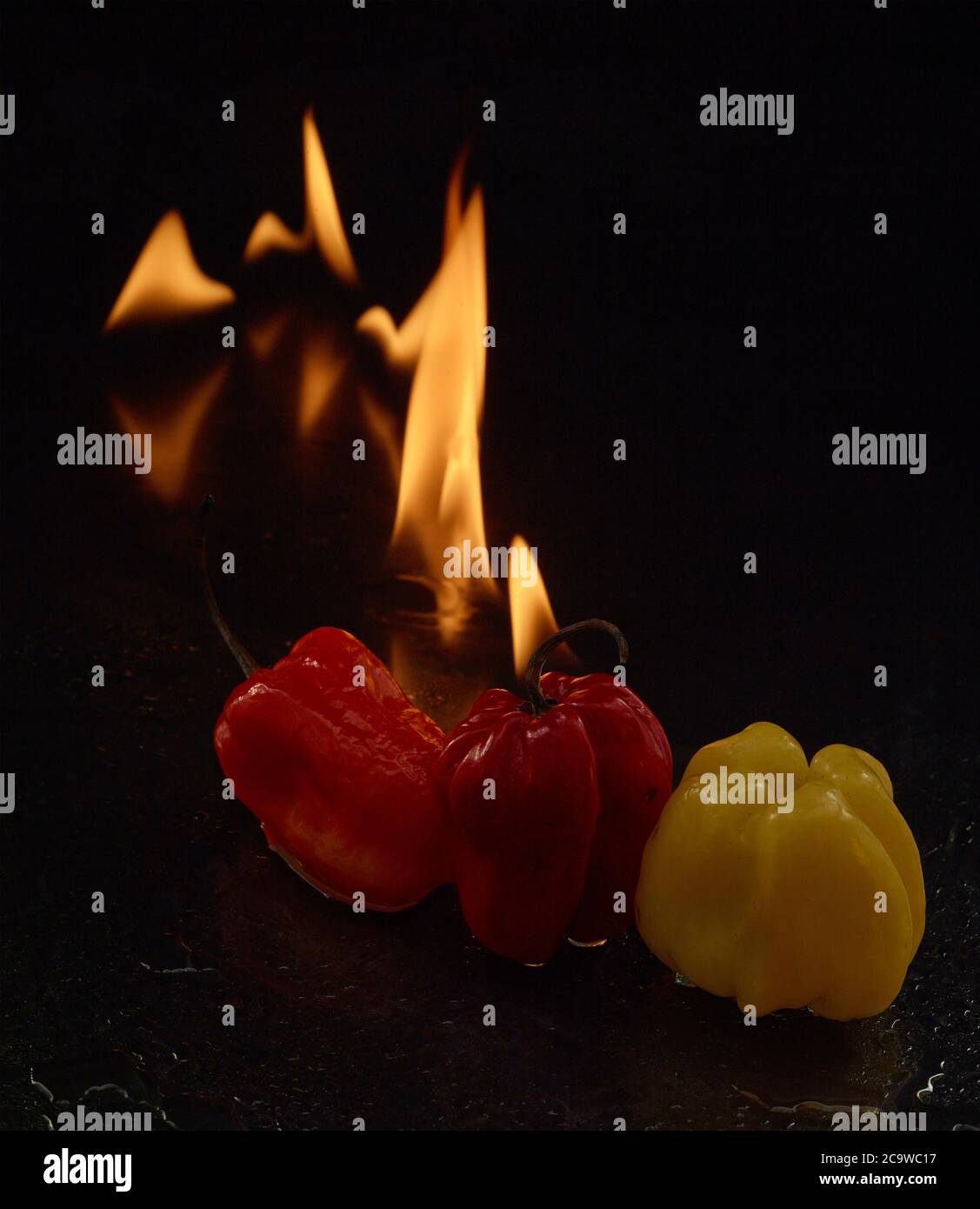 Scotch bonnet water droplets and flames food still life portrait Stock ...