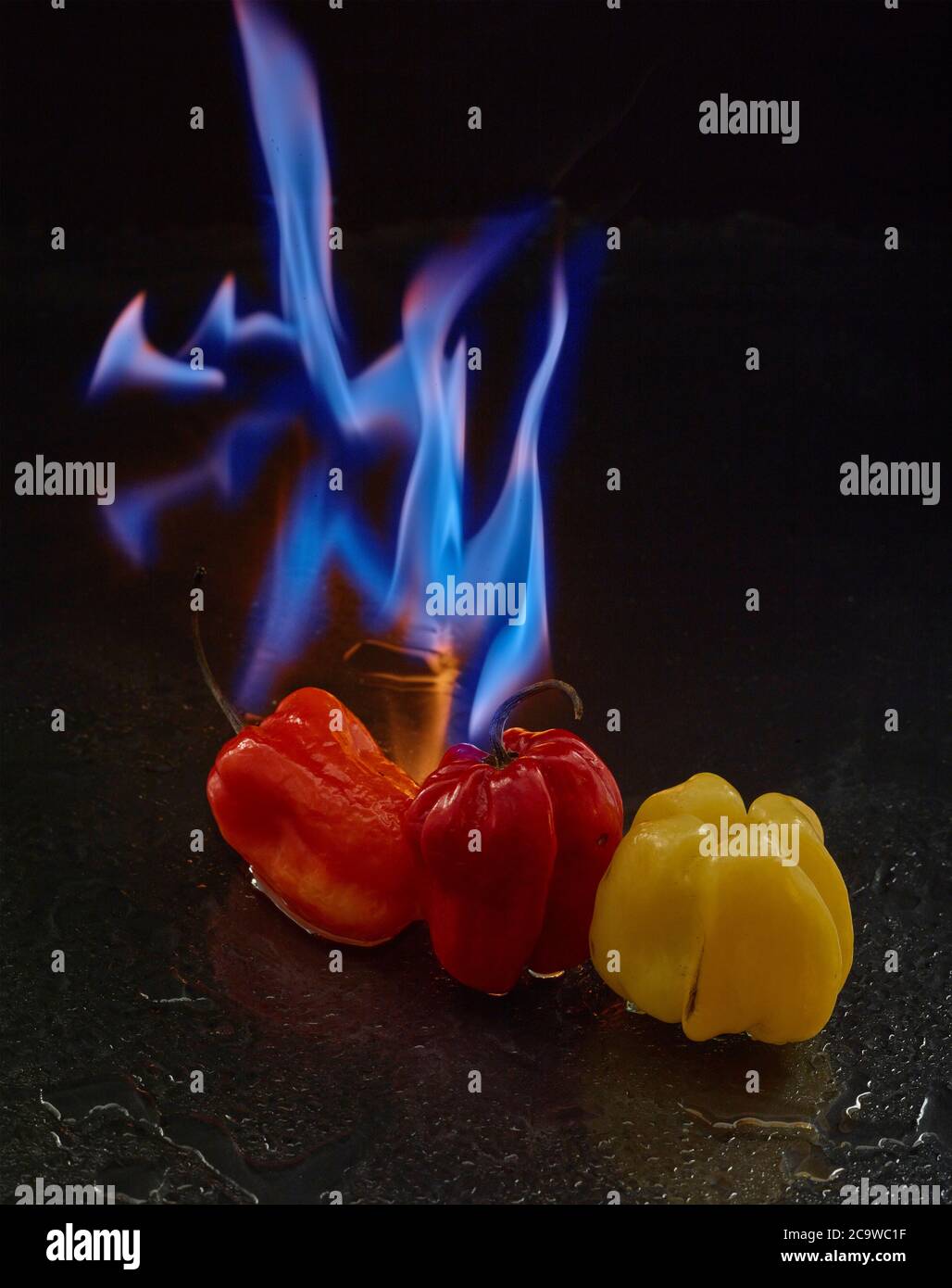 Scotch bonnet water droplets and flames food still life portrait Stock ...