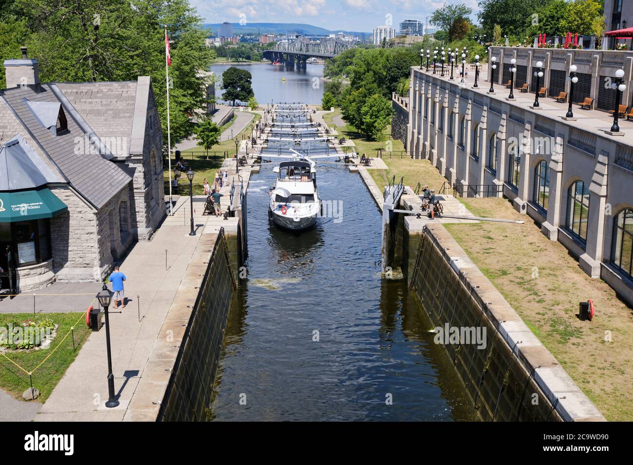 Boats entering open gate of Lock number 8 of the Rideau Canal in Ottawa ...