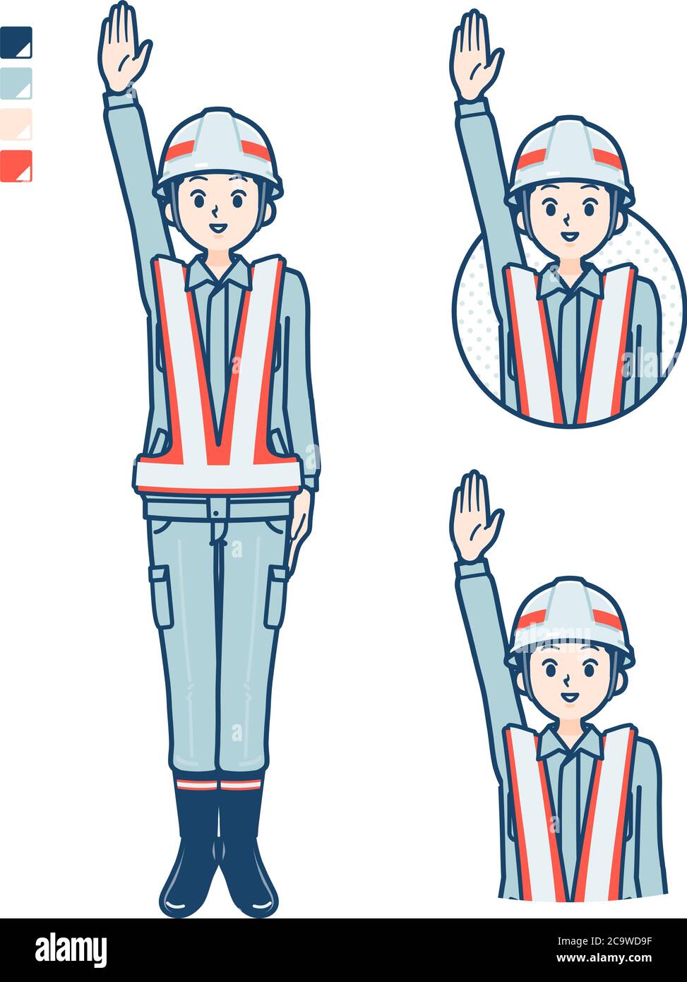 A Man wearing workwear with raise hand images. It's vector art so it's ...