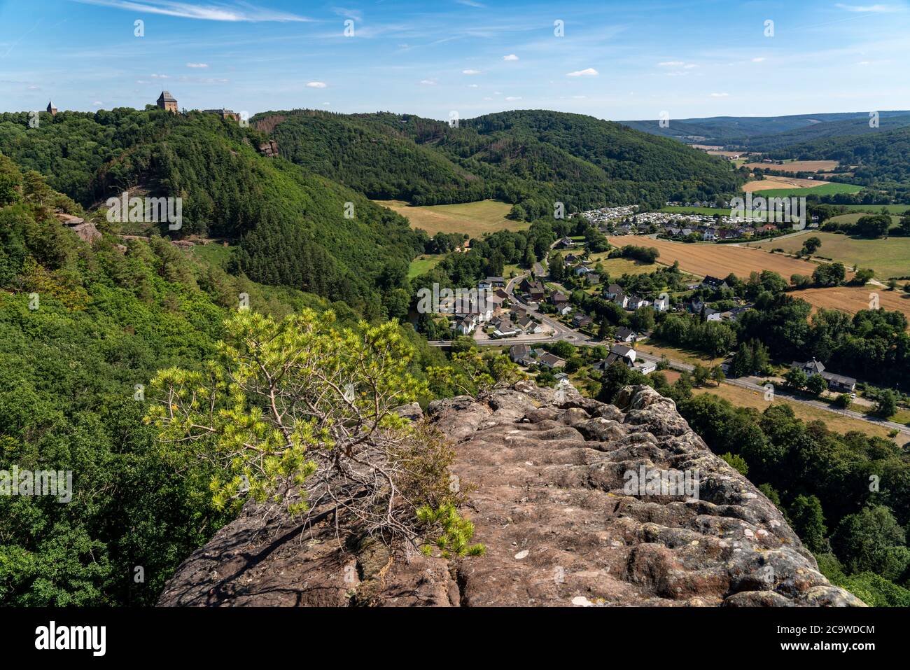 View of the Rur valley, landscape along the red sandstone route, in the ...