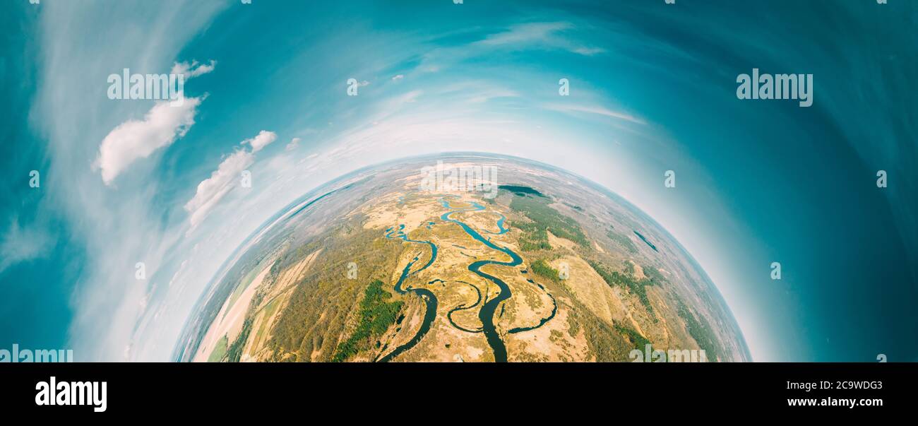 Aerial View Green Forest Woods And River Landscape In Sunny Spring Day ...