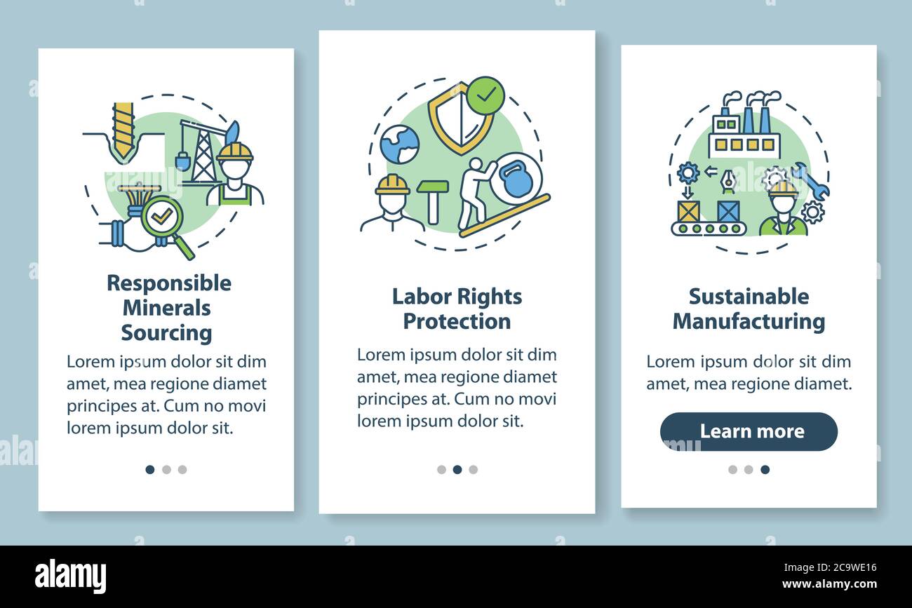 Ethical production onboarding mobile app page screen with concepts ...