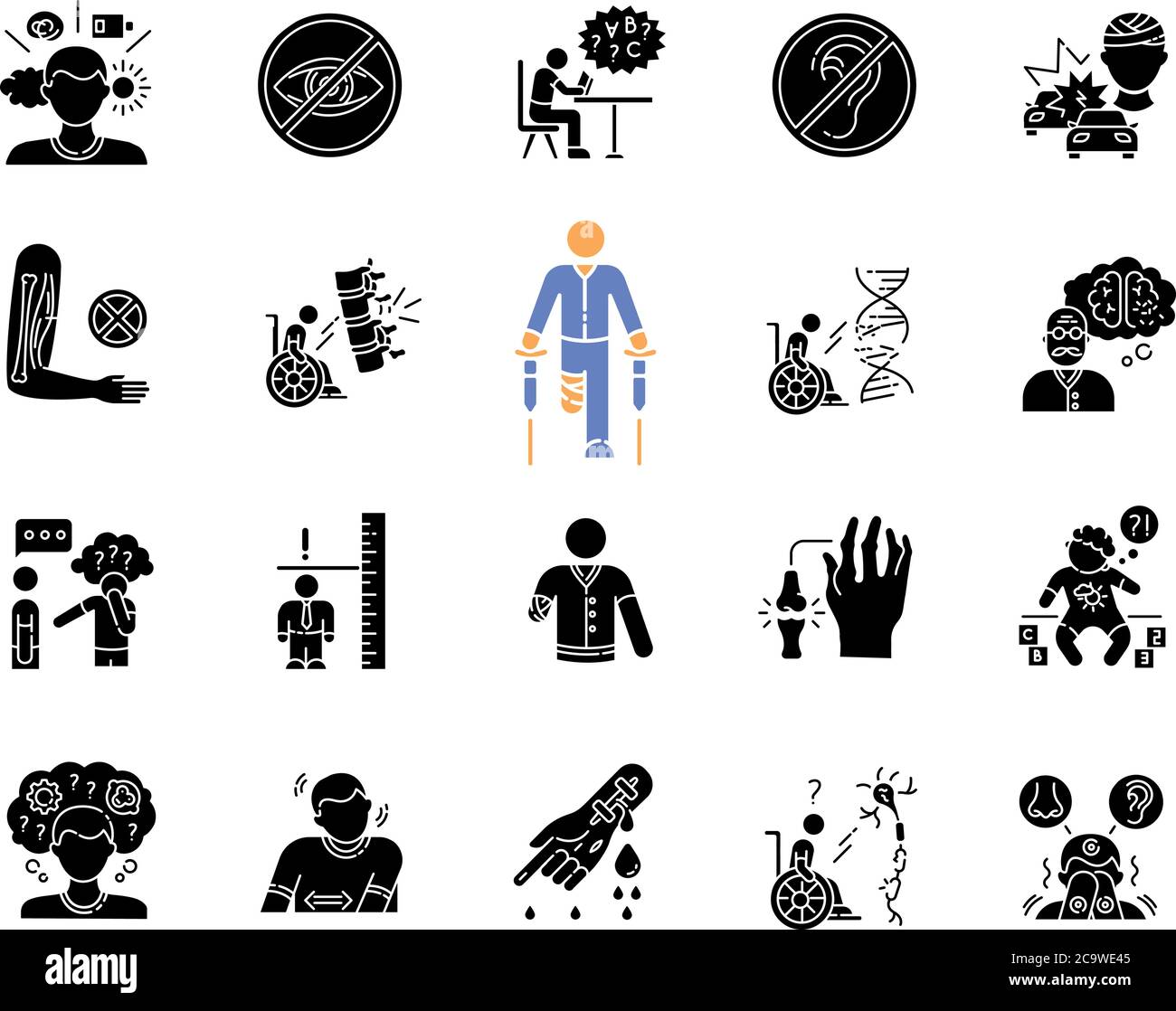 Disability types black glyph icons set on white space. Blindness and ...