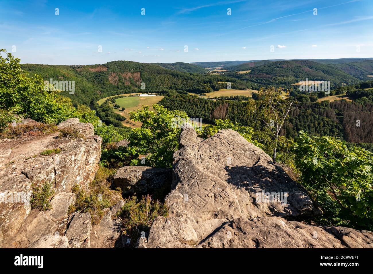 View of the Rur valley, landscape along the red sandstone route, in the ...