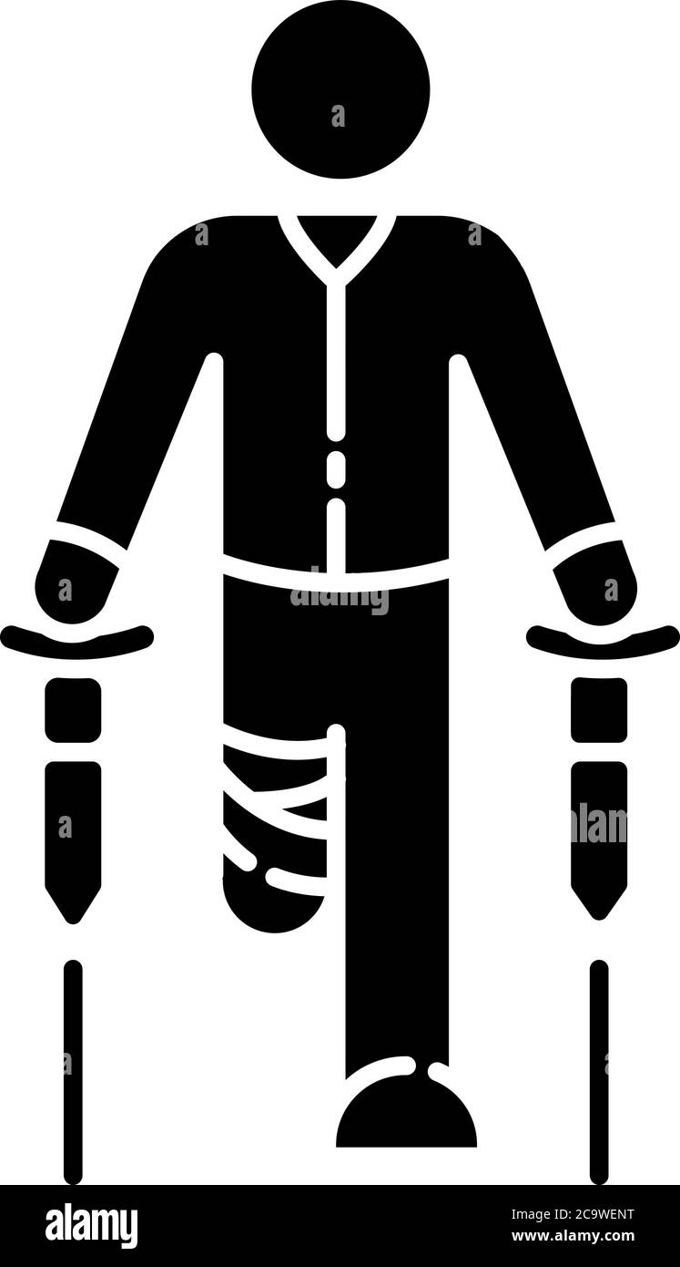 Leg amputee black glyph icon. Disabled man with crutches ...