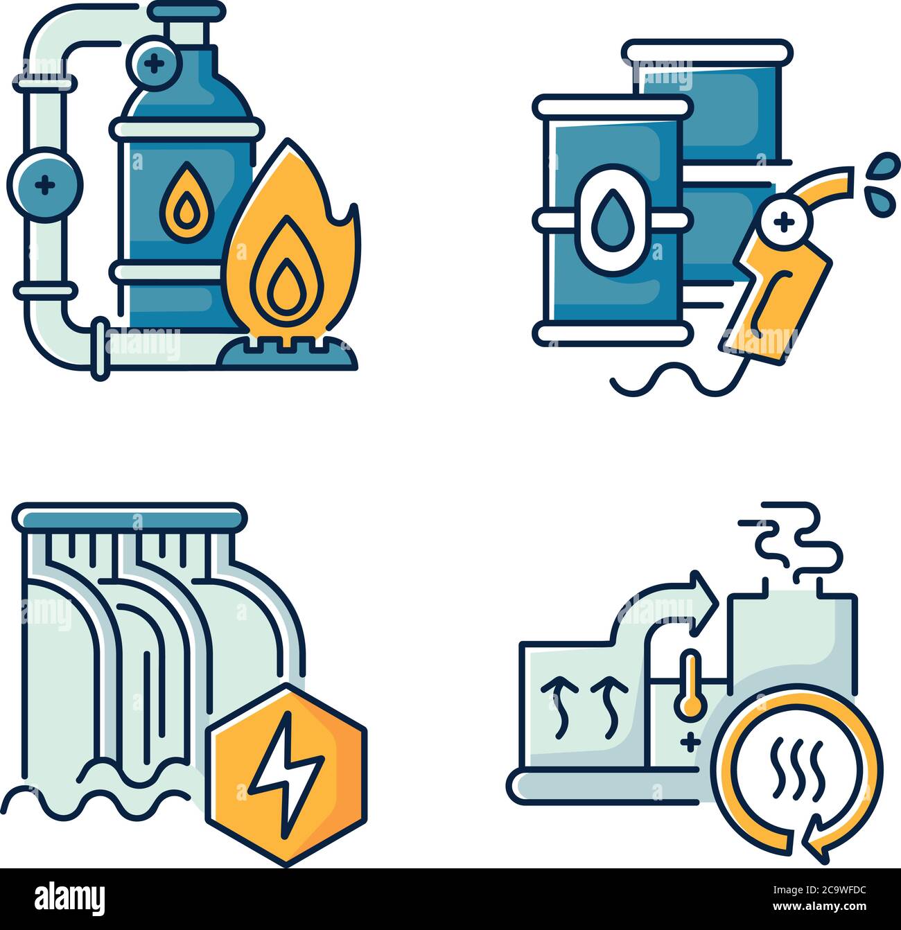 Power manufacturing RGB color icons set. Natural gas extraction ...
