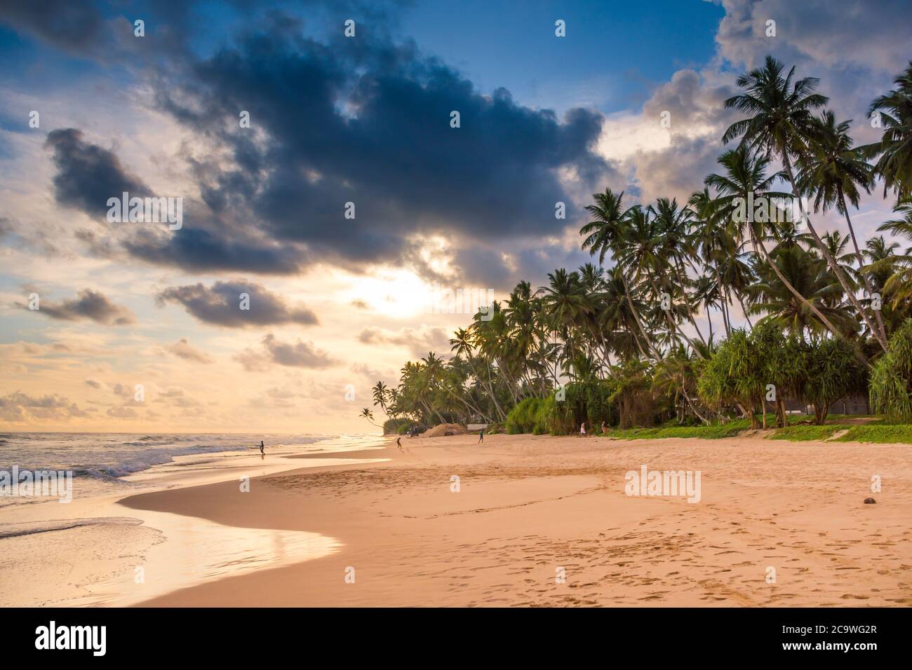 Unawatuna beautiful beach in Sri Lanka. Sunset clouds over surfers ...