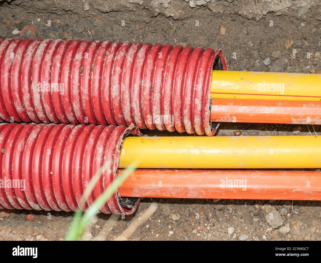 Building of cables communication optical network connection. Laying ...