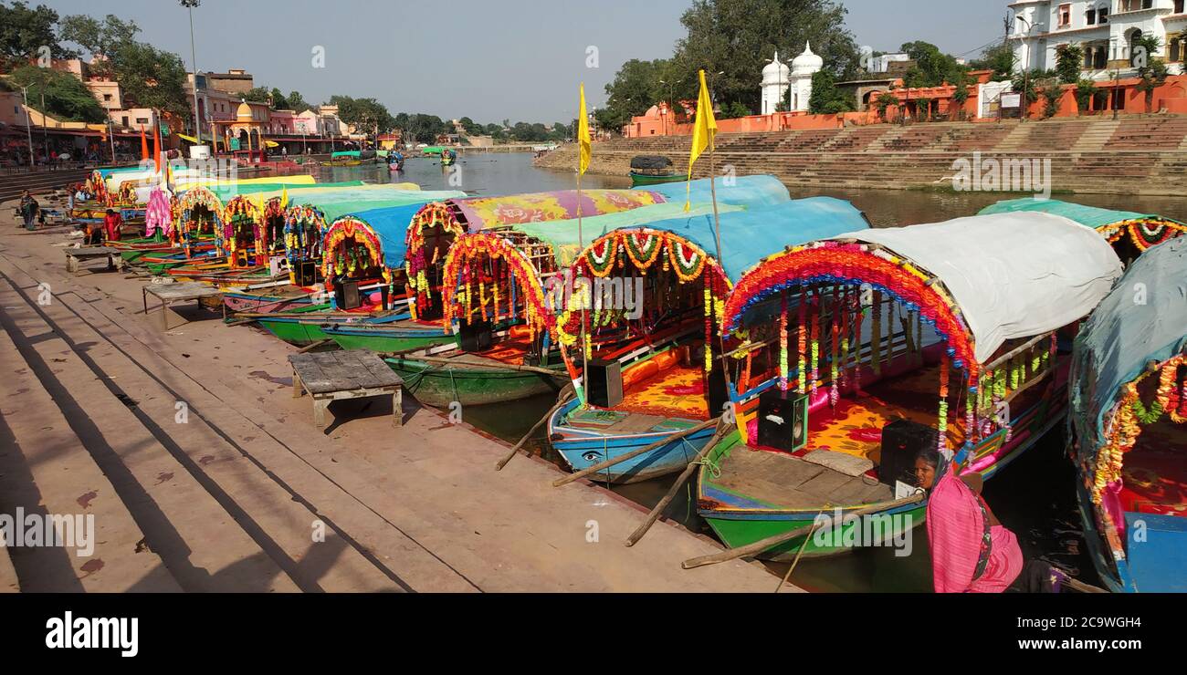 December 20 2018, Chitrakoot, India Boats on the banks of Mandakini ...