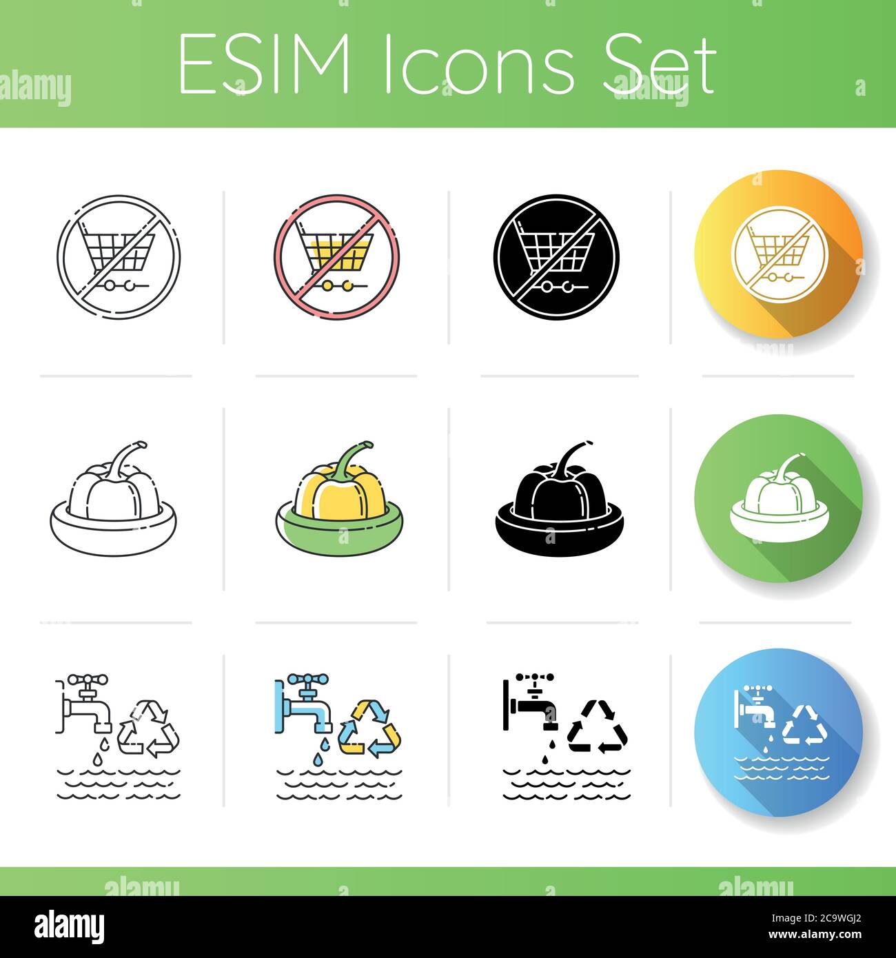 Eco safety tips icons set. Linear, black and RGB color styles ...