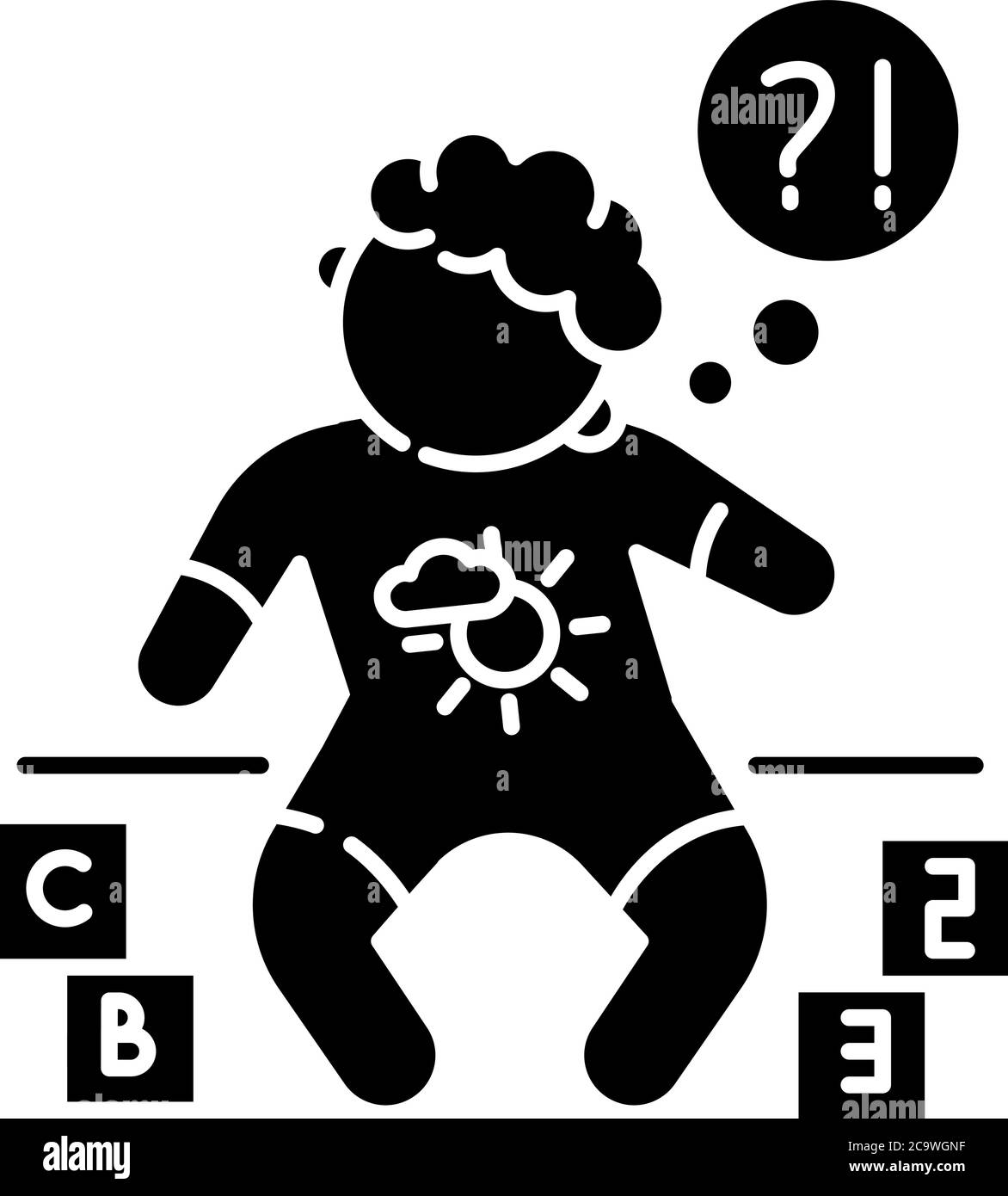 Developmental delay black glyph icon. Child with difficulty of learning ...