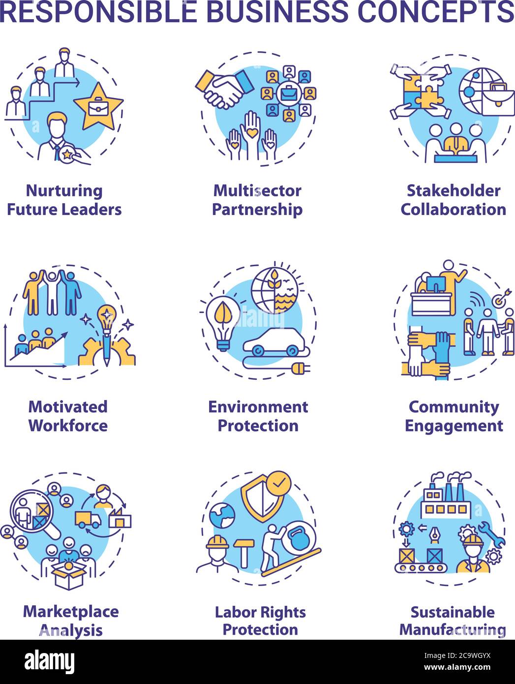 Responsible business concept icons set. Nurture future leader ...