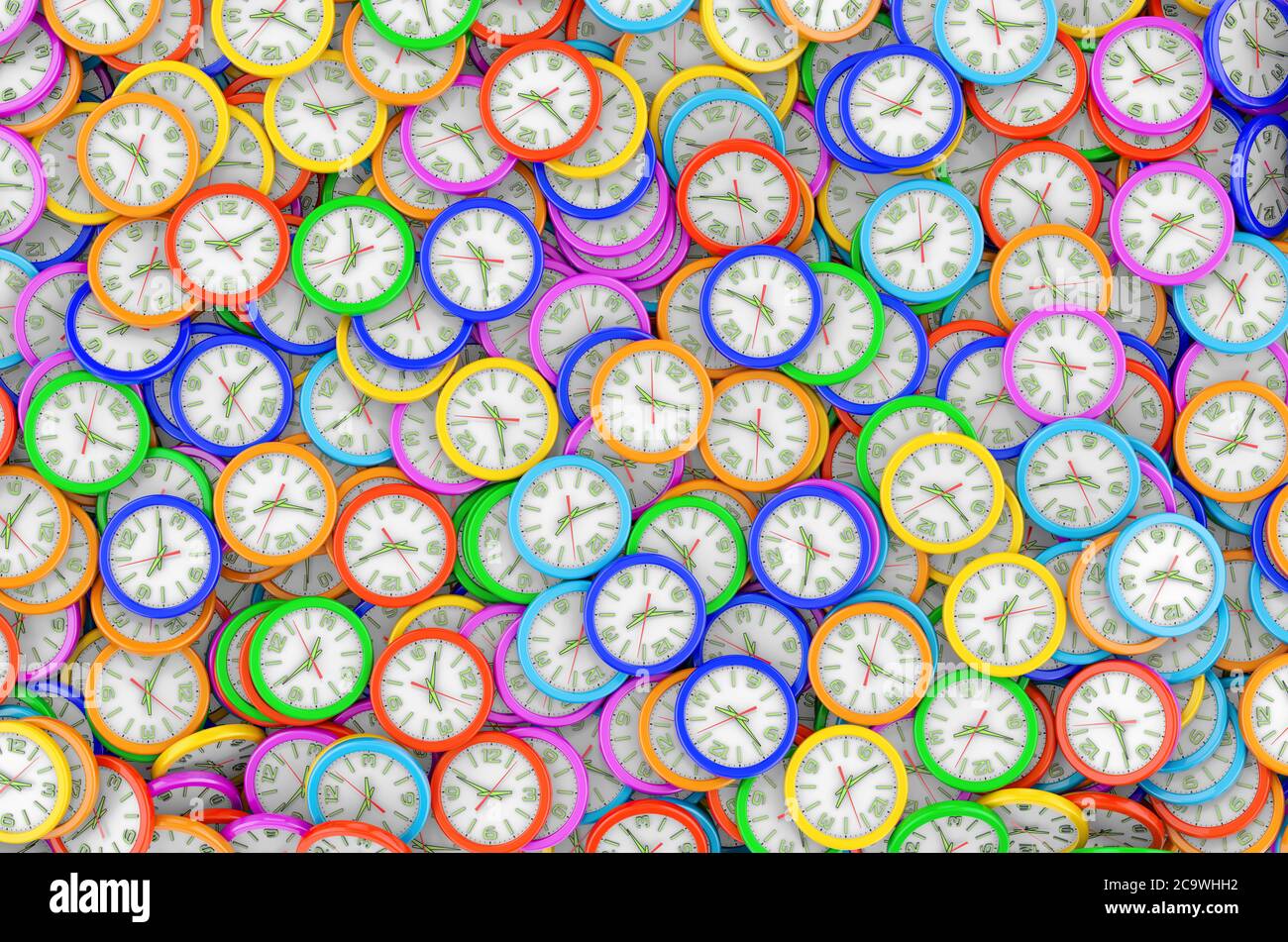 Background from colored wall clocks, 3D rendering Stock Photo - Alamy