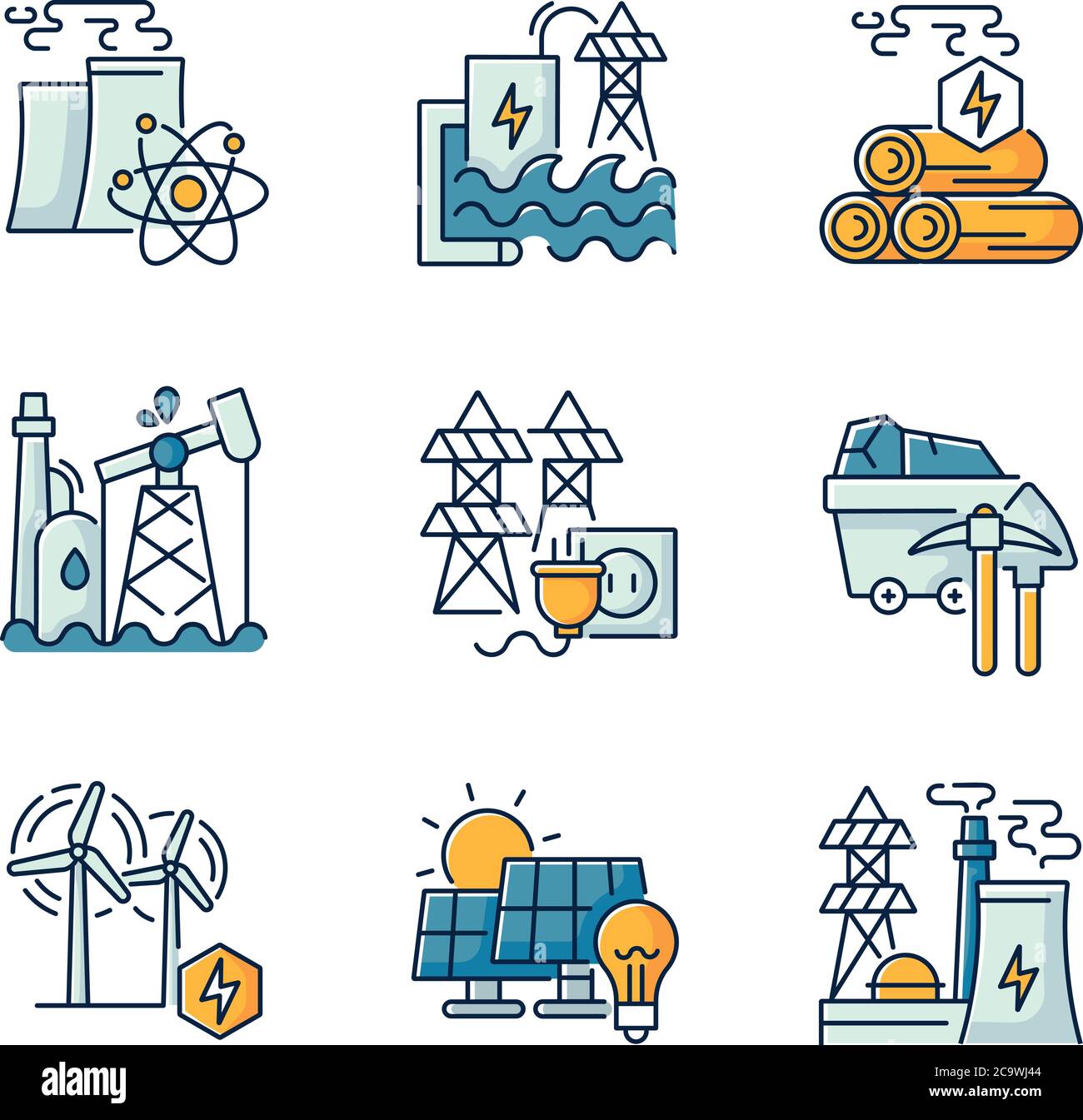 Energy business RGB color icons set. Modern industrial power plants ...