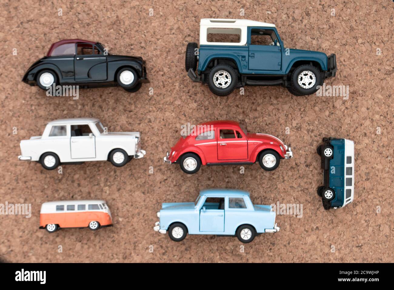 Flat lay of different nostalgic toy cars in various colors Stock Photo ...