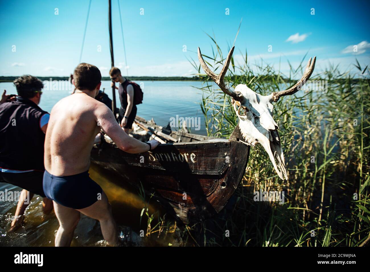 reconstruction of a Viking ship, a medieval barbarian drakkar, an old ...