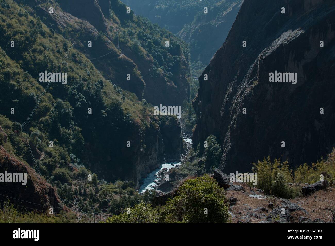 Marshyangdi river flowing through the gorge valley, Lamjung district ...