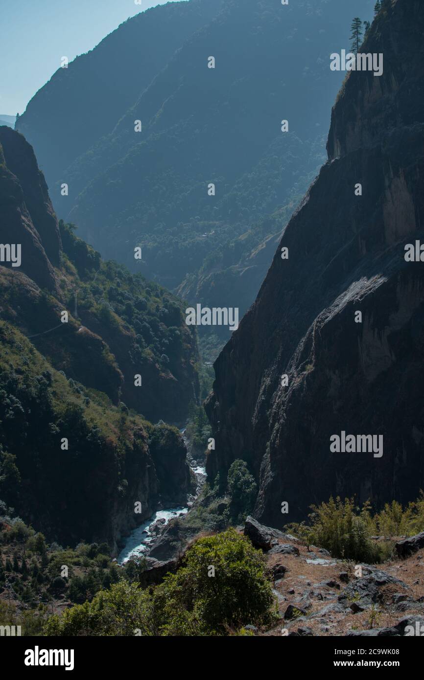 Marshyangdi river flowing through the gorge valley, Lamjung district ...