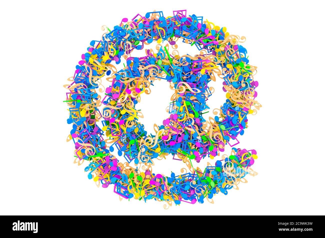 E-mail sign from colored musical notes. 3D rendering isolated on white ...