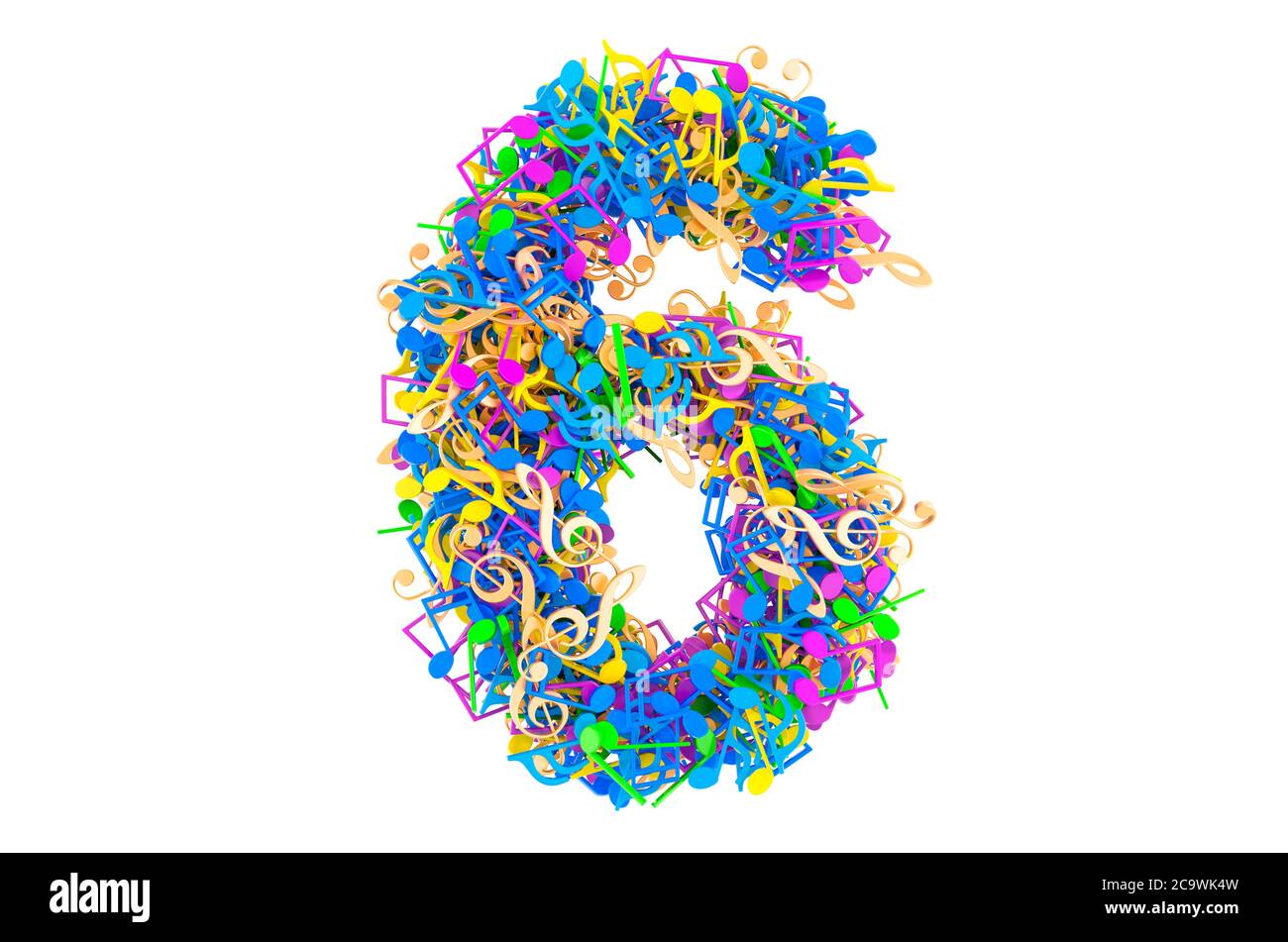 Number 6 from colored musical notes. 3D rendering isolated on white ...