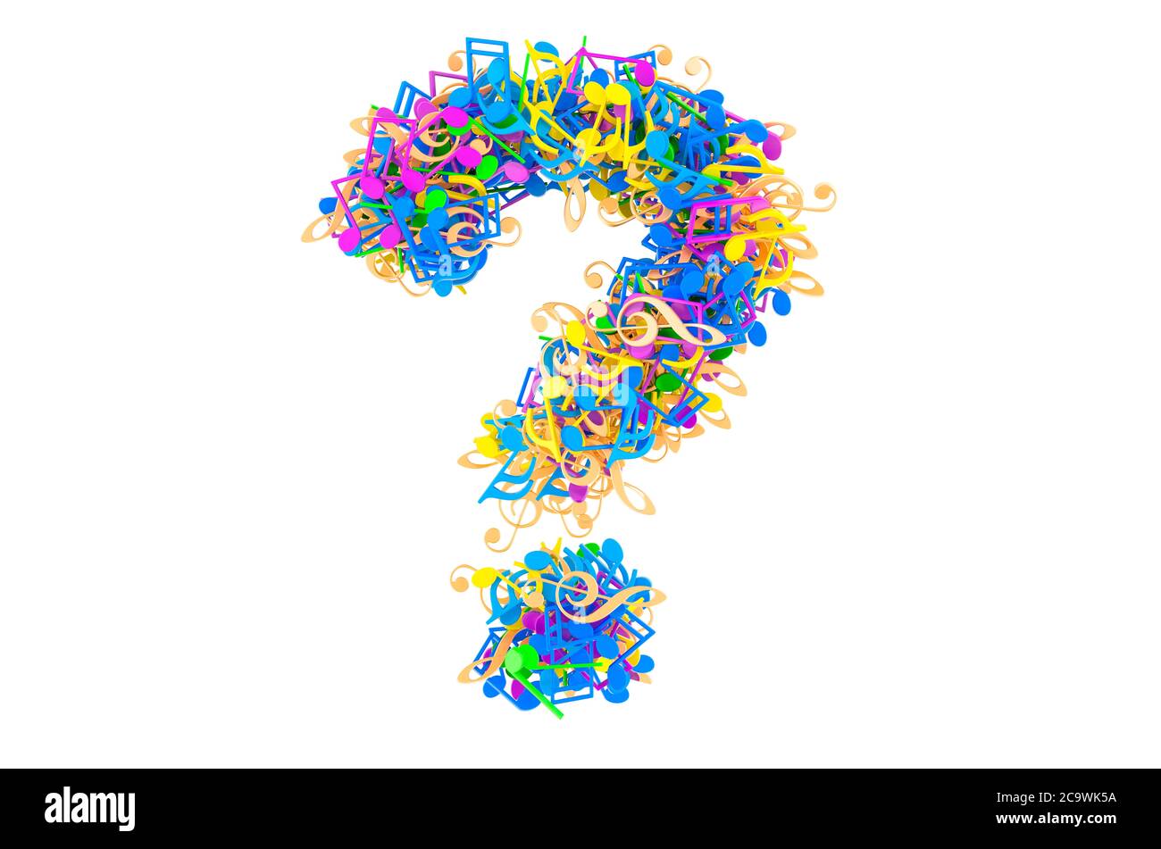 Question mark from colored musical notes. 3D rendering isolated on ...