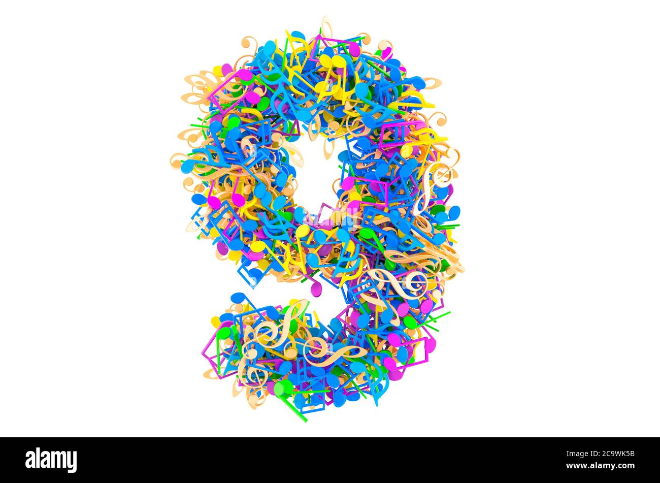Number 9 from colored musical notes. 3D rendering isolated on white ...