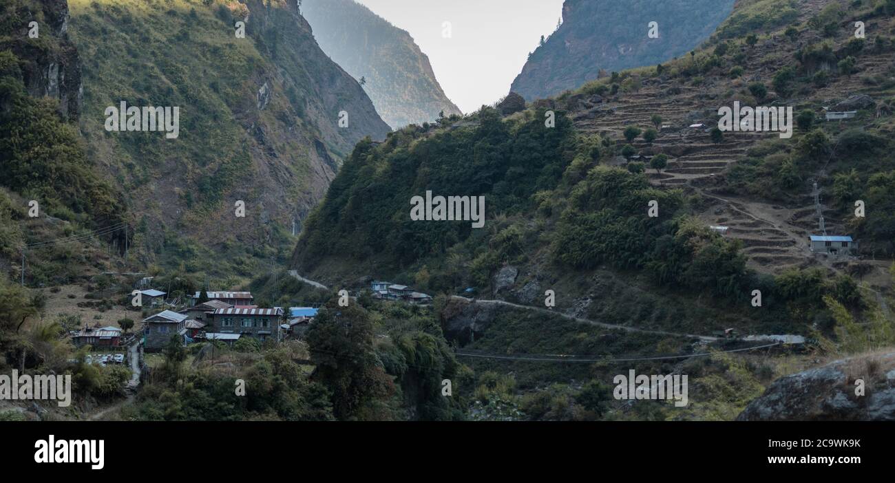 Panorama of nepalese mountain village with rice plantation terraces ...