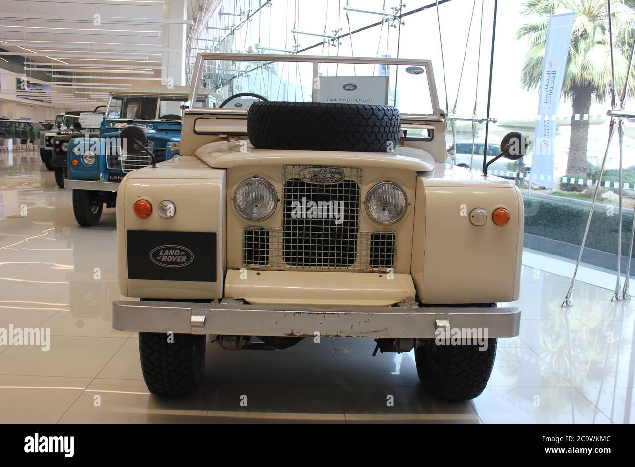 Legacy Land Rover Defender model exhibited in a Land Rover showroom to ...
