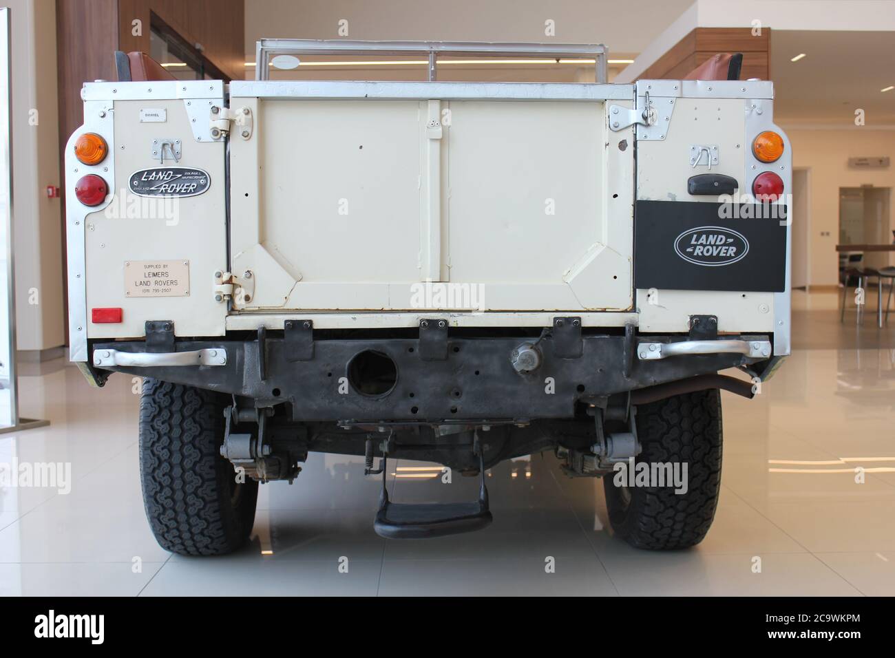 Legacy Land Rover Defender model exhibited in a Land Rover showroom to ...