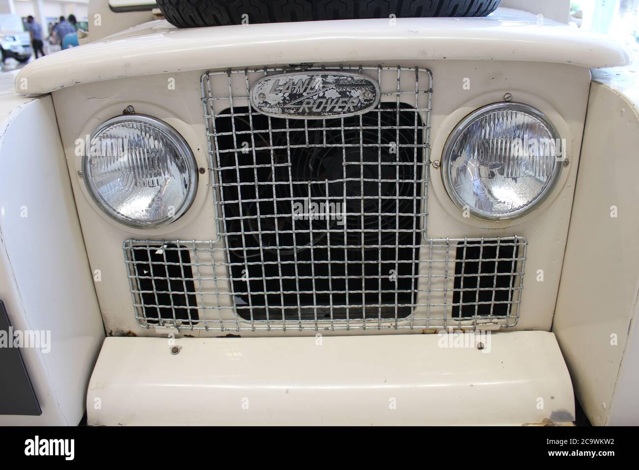 Legacy Land Rover Defender model exhibited in a Land Rover showroom to ...