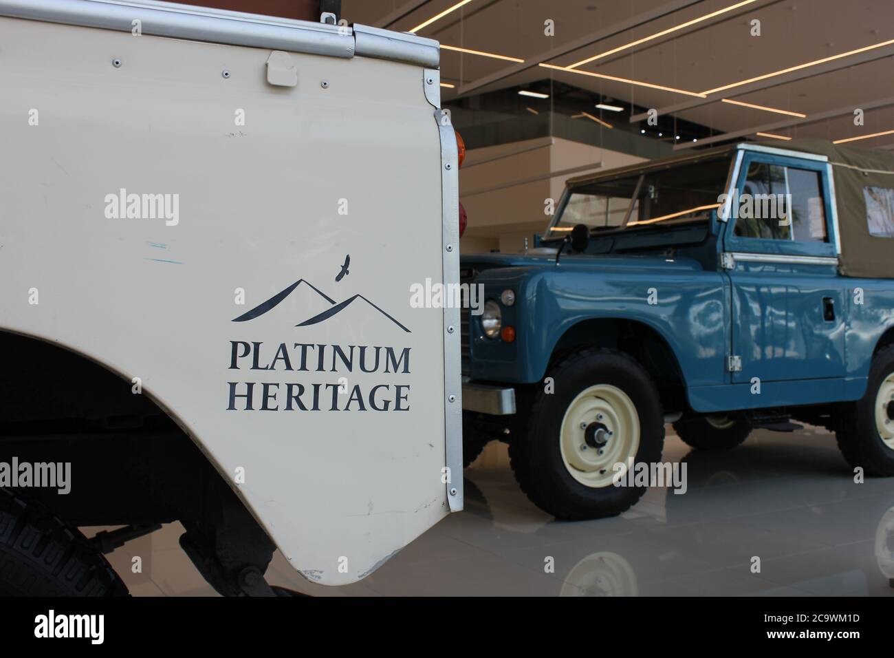Legacy Land Rover Defender model exhibited in a Land Rover showroom to ...