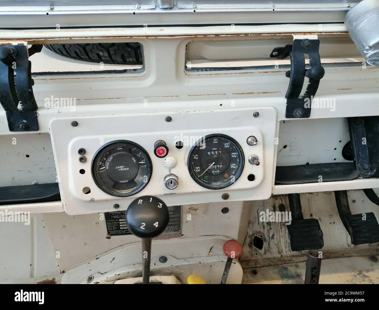 Legacy Land Rover Defender model exhibited in a Land Rover showroom to ...