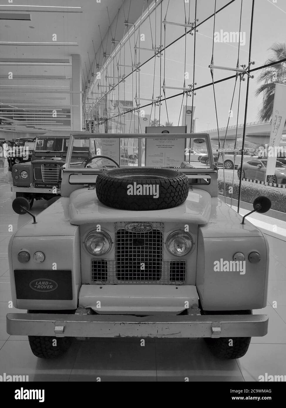 Legacy Land Rover Defender model exhibited in a Land Rover showroom to ...