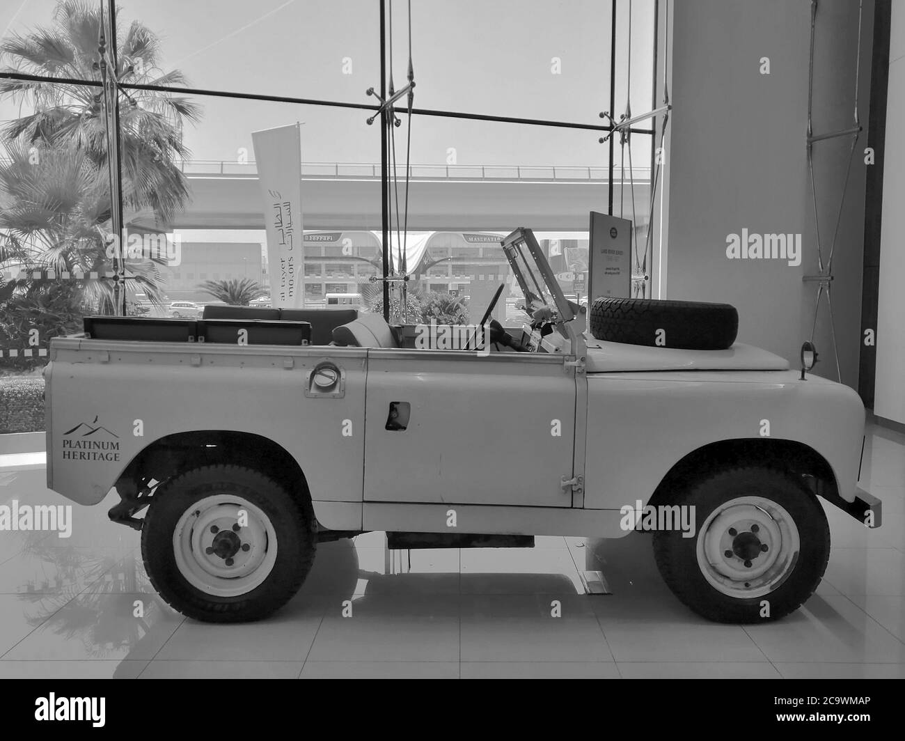 Legacy Land Rover Defender model exhibited in a Land Rover showroom to ...