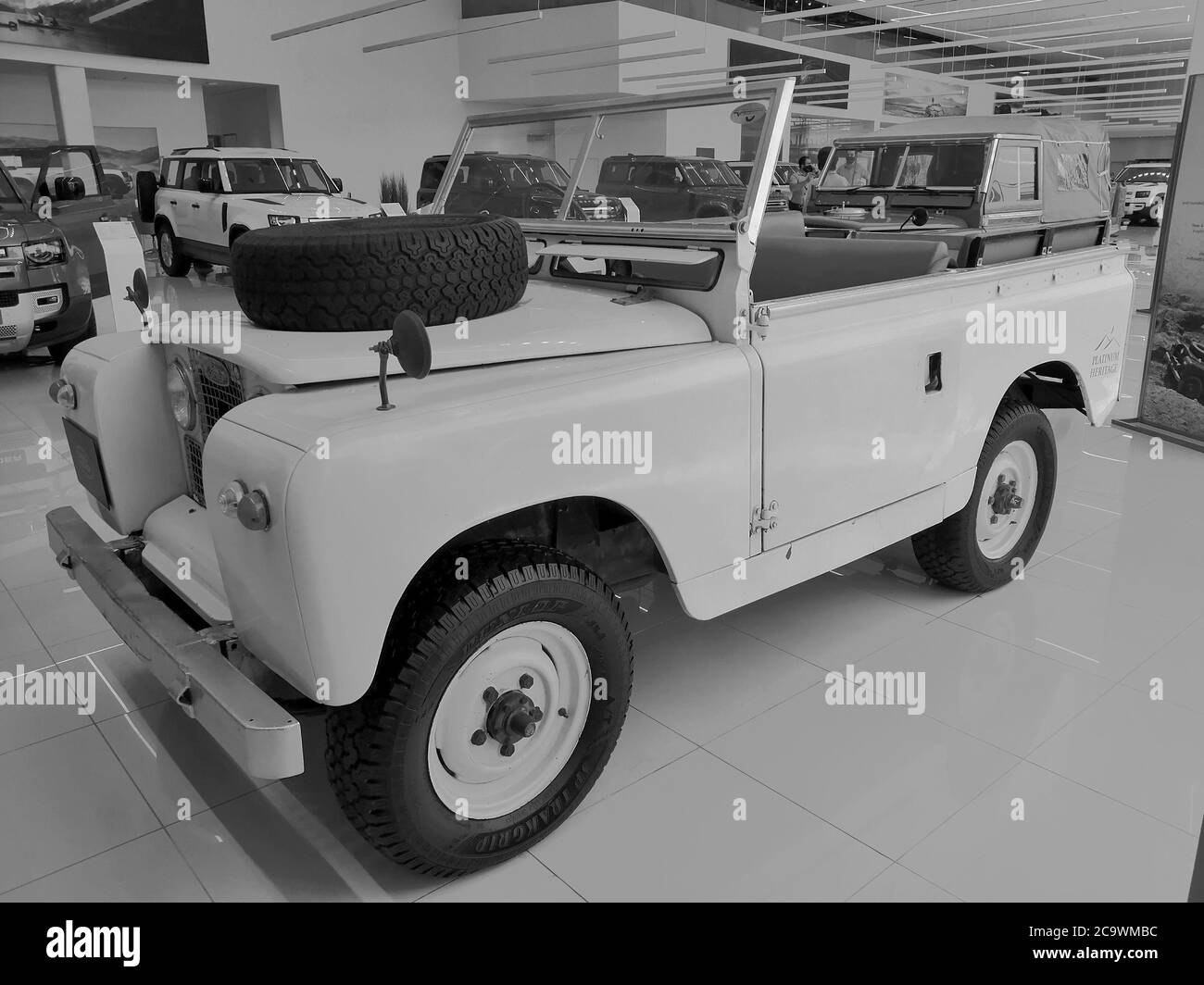 Legacy Land Rover Defender model exhibited in a Land Rover showroom to ...