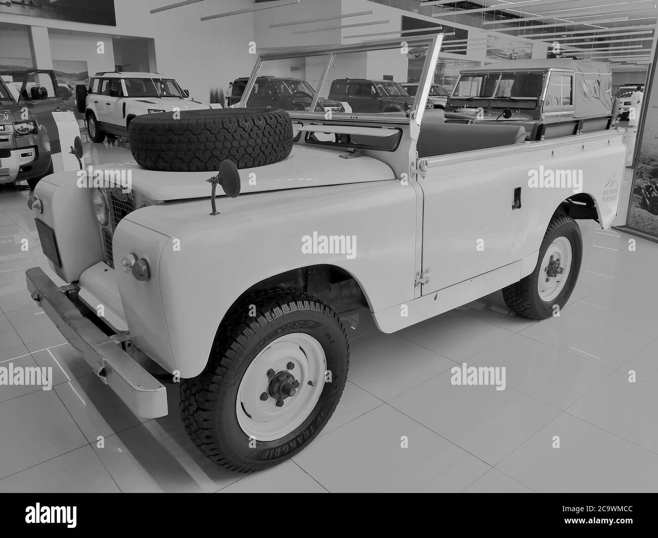 Legacy Land Rover Defender model exhibited in a Land Rover showroom to ...