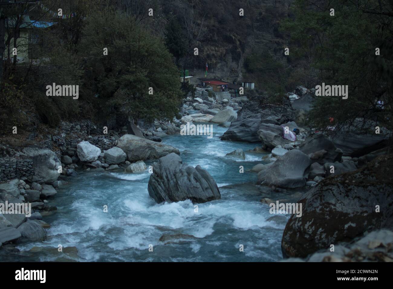 Marshyangdi river by Chame hot springs, trekking Annapurna circuit ...