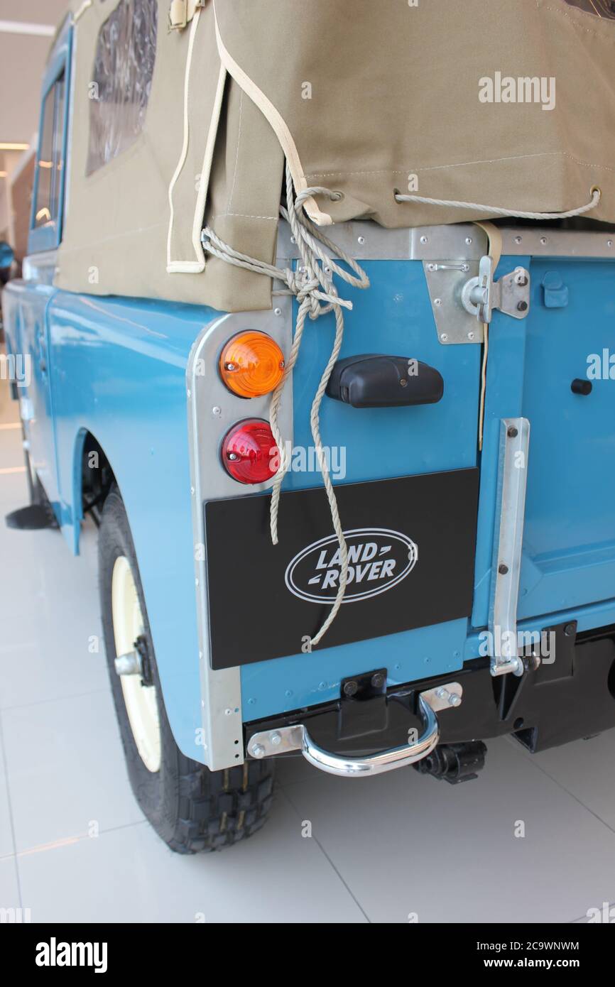 Legacy Land Rover Defender model exhibited in a Land Rover showroom ...