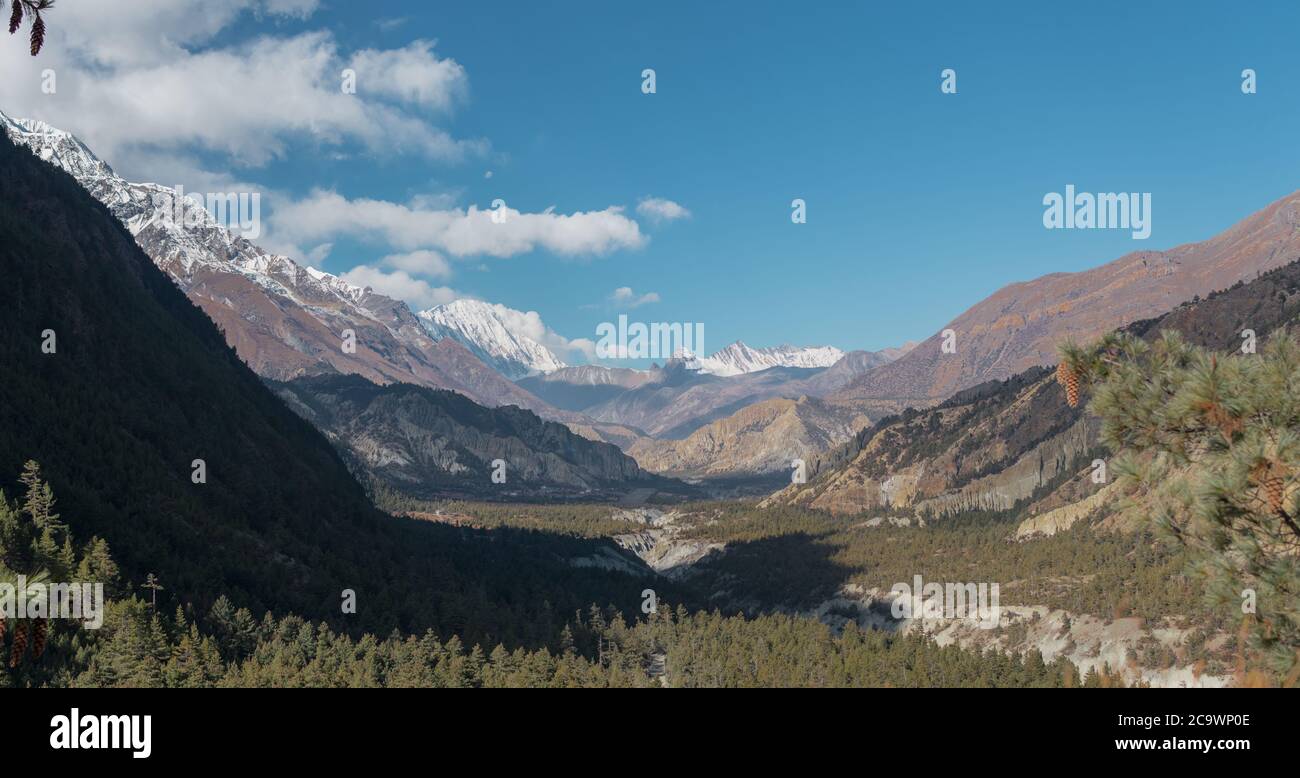 Panorama of mountains trekking Annapurna circuit, Marshyangdi river ...