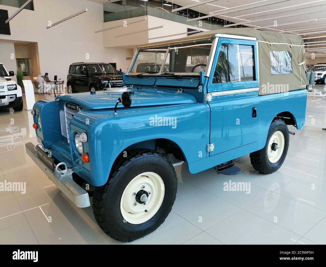 Legacy Land Rover Defender model exhibited in a Land Rover showroom ...
