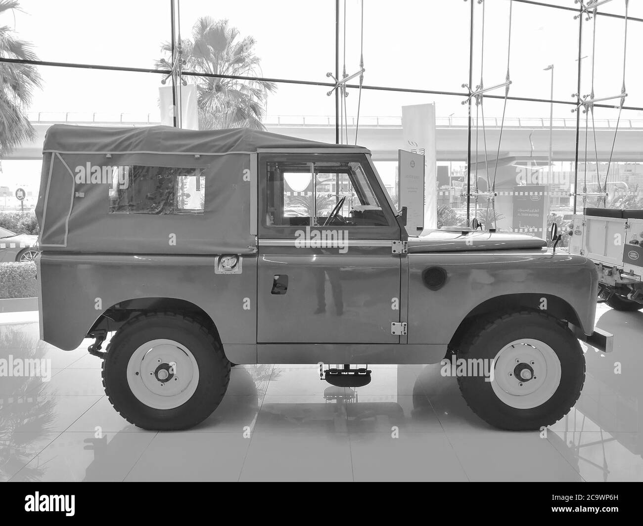 Legacy Land Rover Defender model exhibited in a Land Rover showroom ...