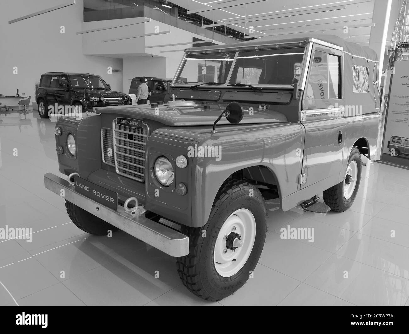 Legacy Land Rover Defender model exhibited in a Land Rover showroom ...