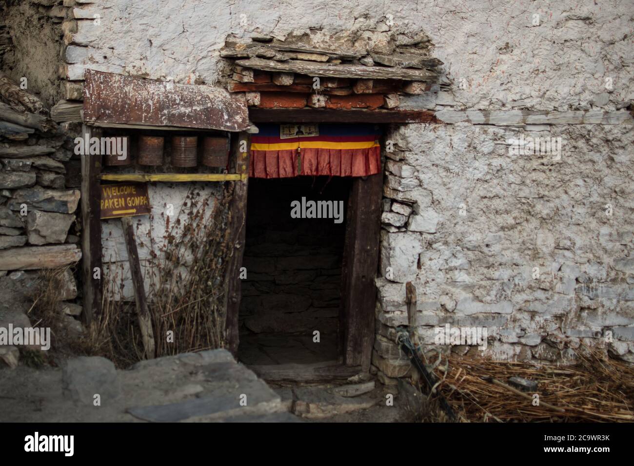 Entrance Praken Gompa over Manang village, trekking Annapurna circuit ...