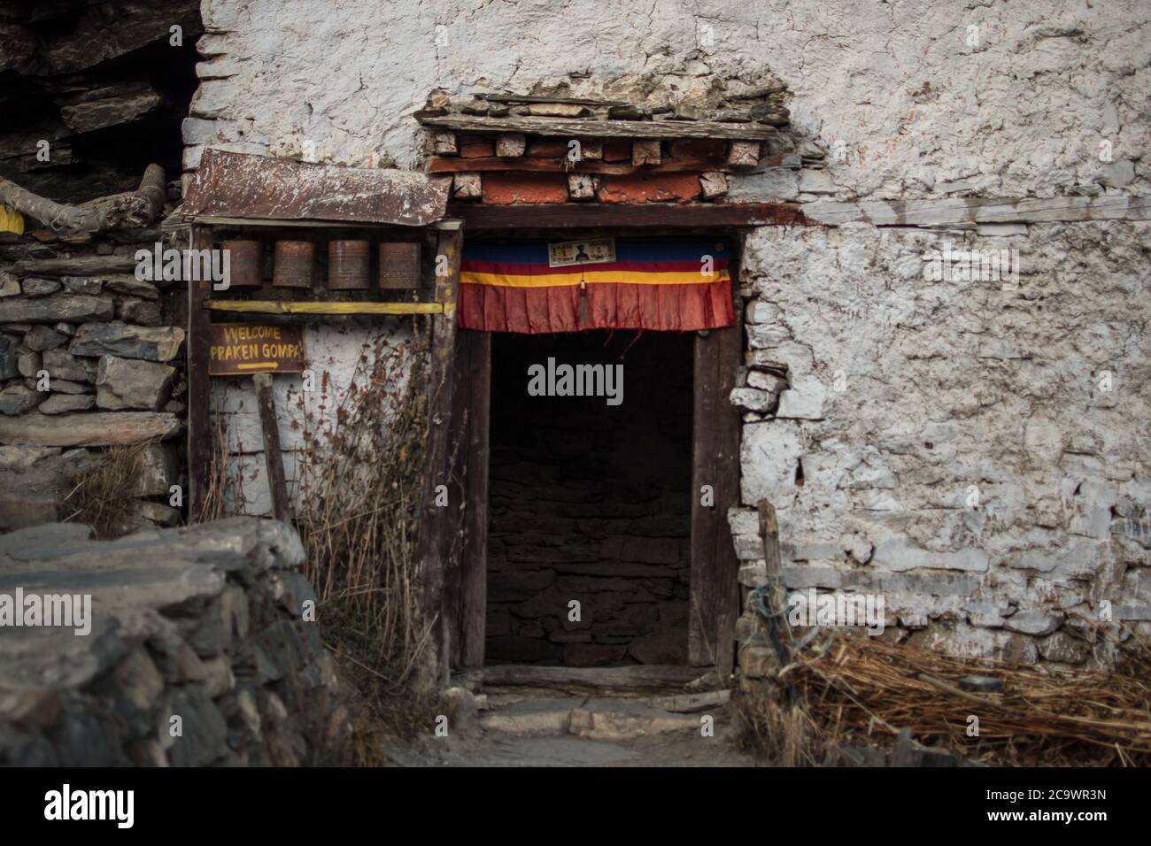 Entrance Praken Gompa over Manang village, trekking Annapurna circuit ...