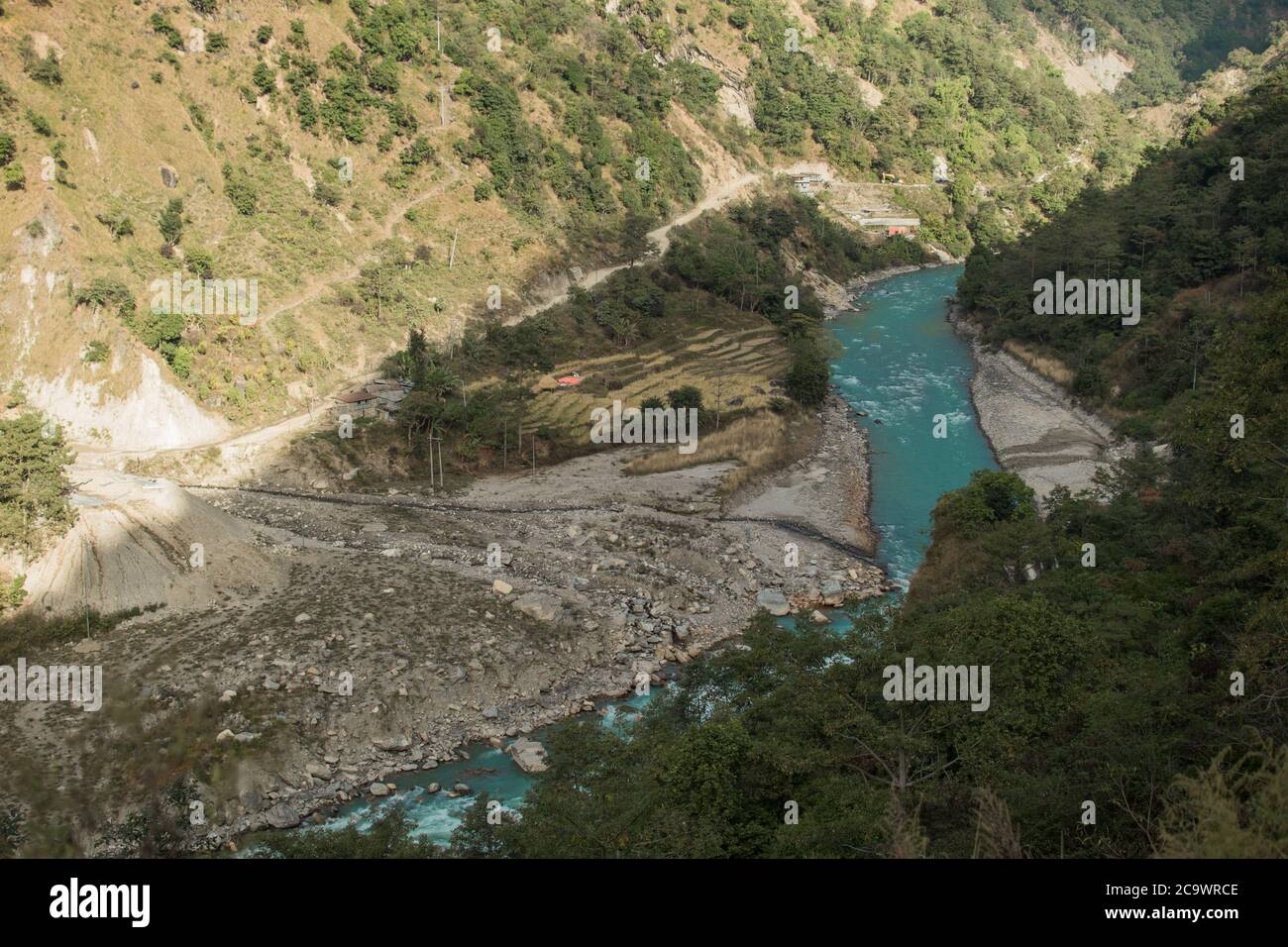Beautiful Marshyangdi river flowing through the himalayan mountains at ...