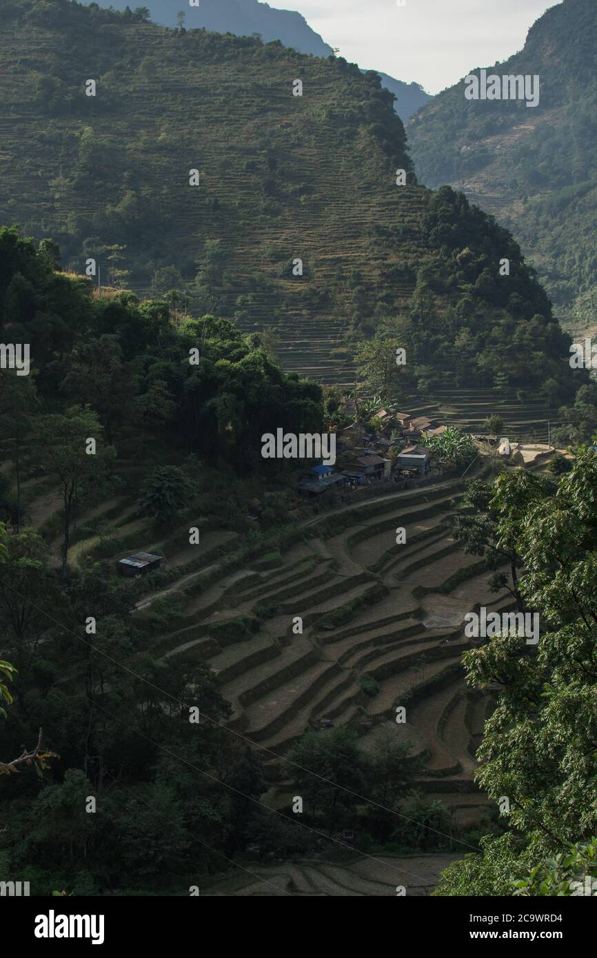 View over huts and terraced rice fields at Annapurna circuit in Nepal ...