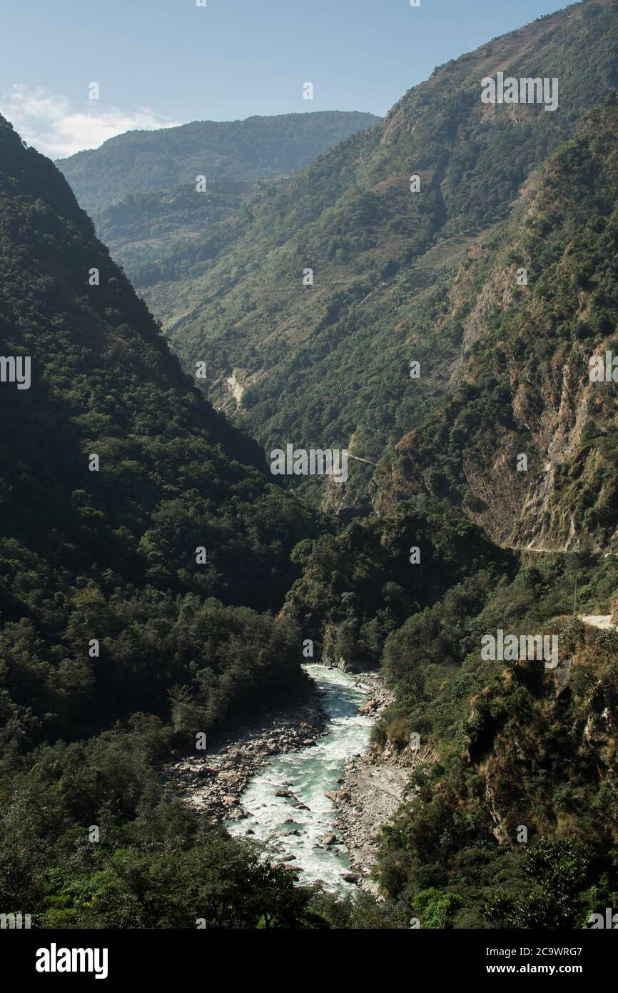Beautiful Marshyangdi river flowing through the himalayan mountains at ...