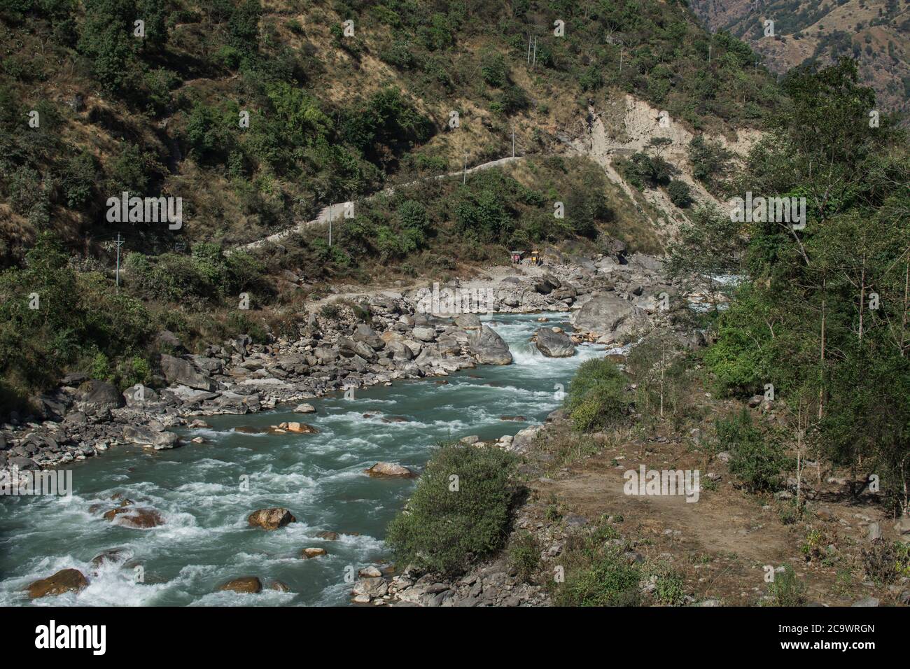 Beautiful Marshyangdi river flowing through the himalayan mountains at ...
