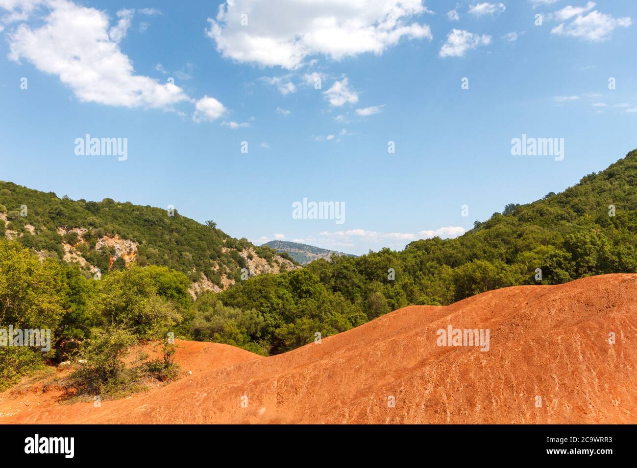 Red clay terrain, a rare geological phenomenon, as seen near Preveza ...